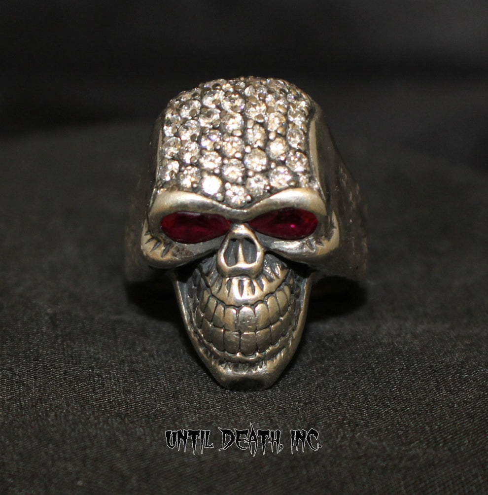 Custom Diamond Pave' Smiling Skull Ring With Ruby Eyes in STERLING SIL ...